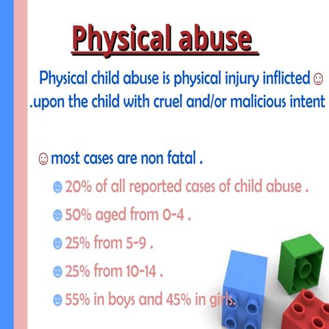 This presentation highlights the types of child abuse, risk factors ...