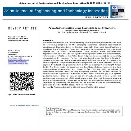 Palm Authentication Using Biometrics System Pdf Computing