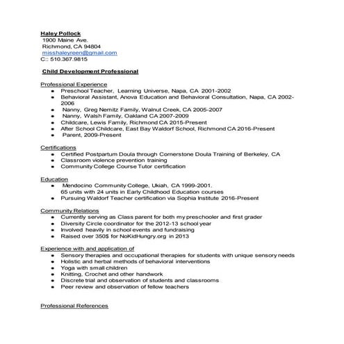 2016preschoolresume (1) | DOCX | Daycare and Pre-School | Parenting