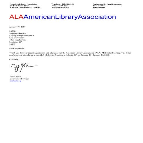 ALA Midwinter Meeting Letter of Attendance | PDF
