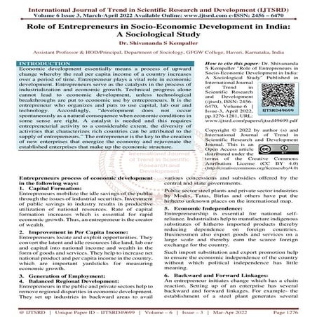 Role of Entrepreneurs in Socio Economic Development in India A ...