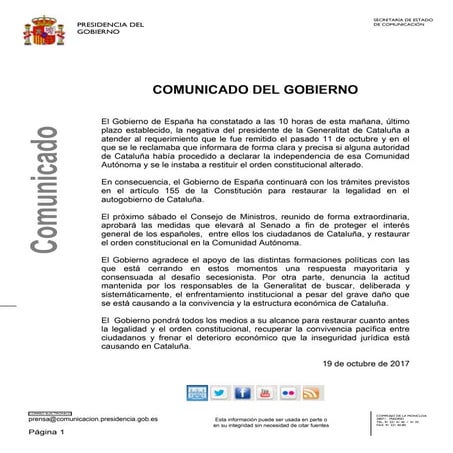 Comunicado del Gobierno a la carta de Carles Puigdemont | PDF