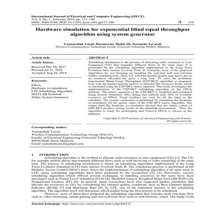 Hardware Simulation For Exponential Blind Equal Throughput Algorithm Using System Generator Pdf