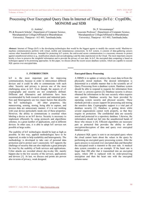 Processing Over Encrypted Query Data In Internet Of Things Iots Cryptdbs Monomi And Sdb Pdf