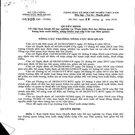 1920 qd tchq so tay nghiep vu thu tuc thong quan hang hoa xuat khau, nhap khau | PDF