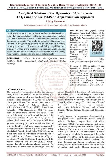 Analytical Solution Of The Dynamics Of Atmospheric Co2 Using The Ladm Pade Approximation