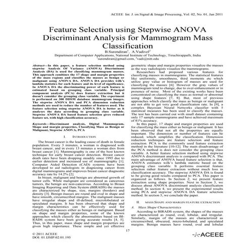Feature Selection Using Stepwise Anova Discriminant Analysis For Mammogram Mass Classification Pdf 