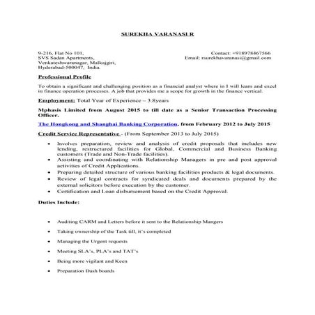 Surekha's Resume | DOC | Business Banking & Finance | Business
