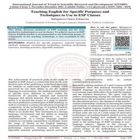 Teaching English for Specific Purposes and Techniques to Use in ESP Classes | PDF