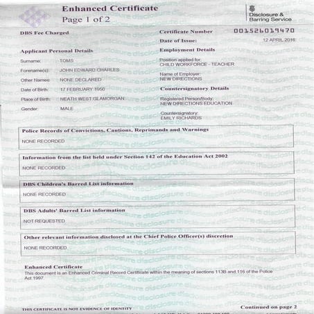 ENHANCED DBS CERTIFICATE JEC Toms front | PDF