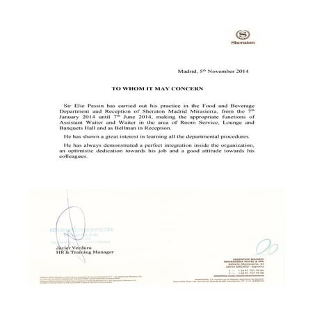Sheraton Reference Letter | PDF | Hospitality Industry | Industries