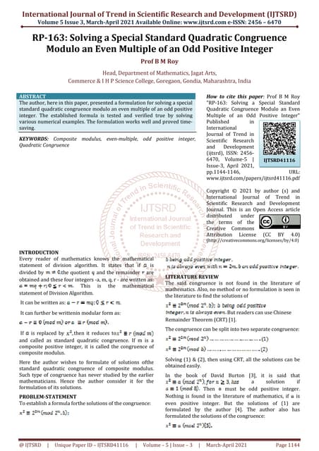 RP 105 Formulation of Standard Quadratic Congruence of Composite ...