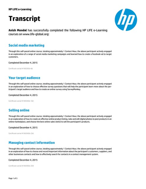 HP LIFE e-Learning Transcript | PDF | Technology & Computing