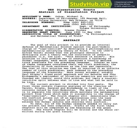 1995-05-00 NEH Dissertation Grants Abstract Of Dissertation Project | PDF