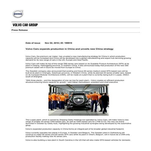 Volvo shifts production to China - Press Release | PDF