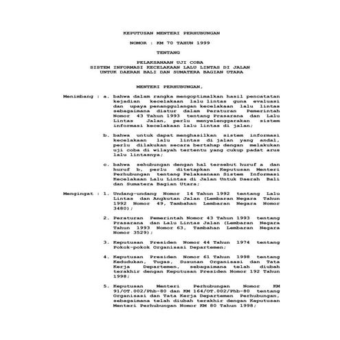 1999, km 70 tahun 1999 ttg pelaksanaan uji coba sim laka lalin di bali ...