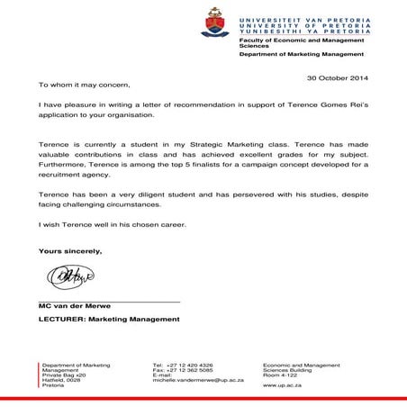 University of Cape Town - Letter of recomendation | PDF