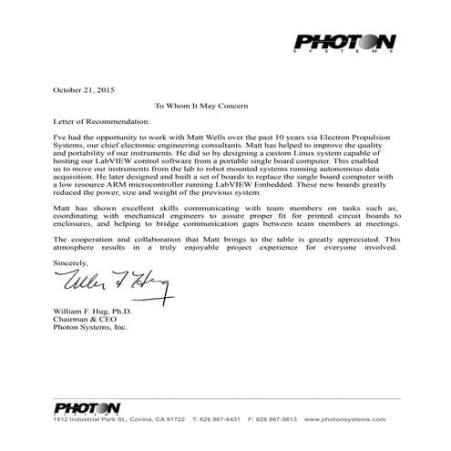 Photon Systems Recommendation Letter | PDF | Computing | Technology & Computing