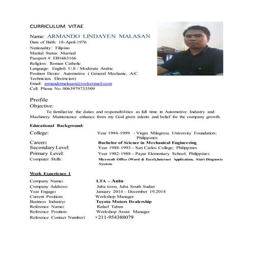 CV as Maintenance Technician (Armando Malasan) | DOCX