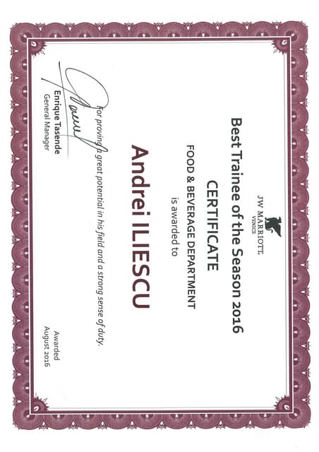 Andrei Iliescu - Reference letter JW Marriott Venice | PDF