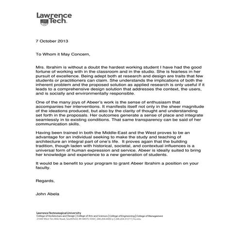 Abeer Ibrahim Recommnedation | PDF | Education