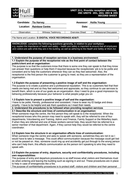 Business and Admin Level 2 Unit 1 assessment answers | DOCX