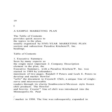 19 I A SAMPLE MARKETING PLAN The Table of Contents | DOCX