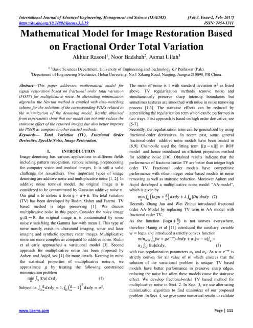 Mathematical Model For Image Restoration Based On Fractional Order 2186