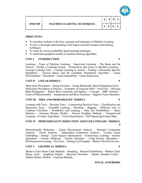 22PCOAM16 Machine Learning Theory Syllabus | PDF