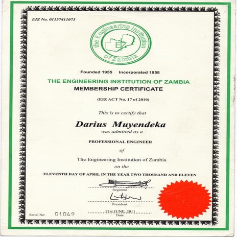 ENGINEERING INSTITUTION OF ZAMBIA CERTIFICATE | PDF