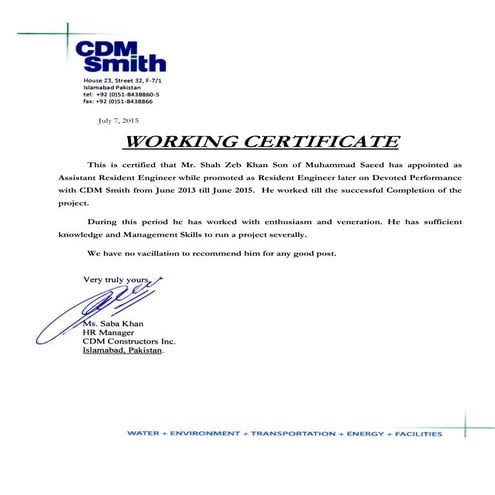 CDM Smith Experience Letter | PDF