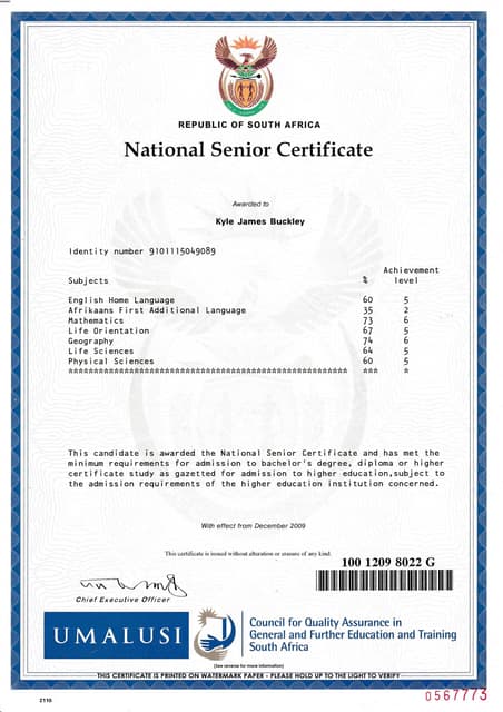 Matric Certificate | PDF