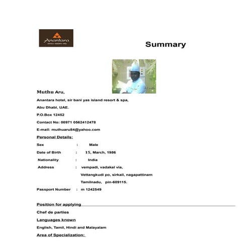 chef muthu new cv | DOC