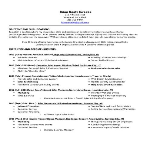 Brian Resume' Marketing 2015 | PDF | Sales | Business