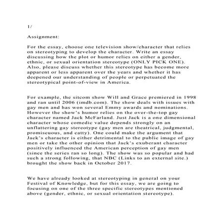 1 AssignmentFor the essay, choose one television showchar.docx