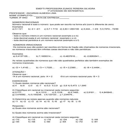 1 Atividade 9 Ano 21 Conjunto Dos Numeros Reais Pdf