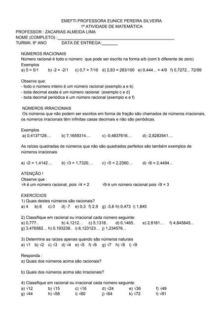 1 Atividade 9 Ano 21 Conjunto Dos Numeros Reais Pdf