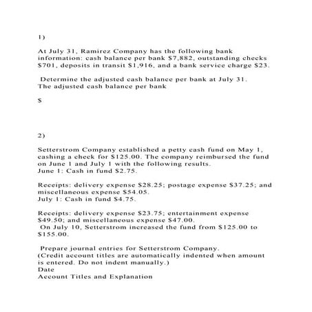 1)At July 31, Ramirez Company has the following bank information.docx