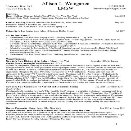 Allison Weingarten resume December 2016 | DOCX | Government Support and ...