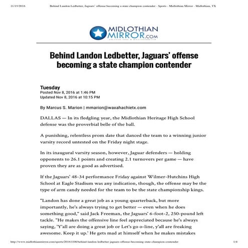 Behind Landon Ledbetter, Jaguars' offense becoming a state championship ...