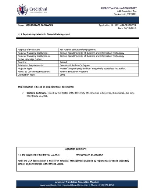 Master. CREDENTIAL EVALUATION REPORT | PDF