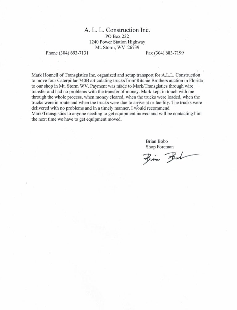 A.L.L. Construction-Testimonial Letter