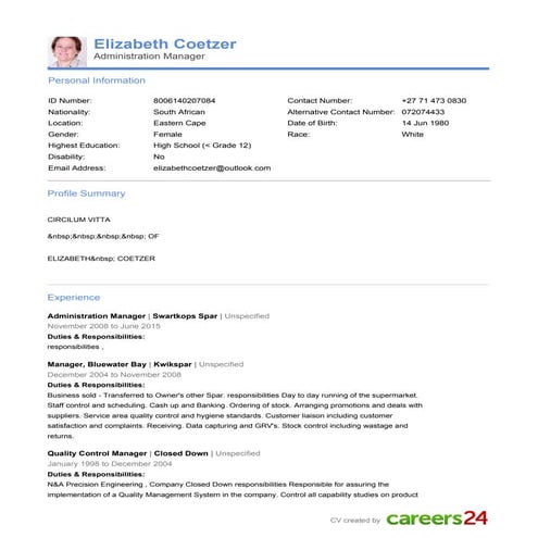Careers24-cv-Elizabeth-Coetzer(4) | PDF