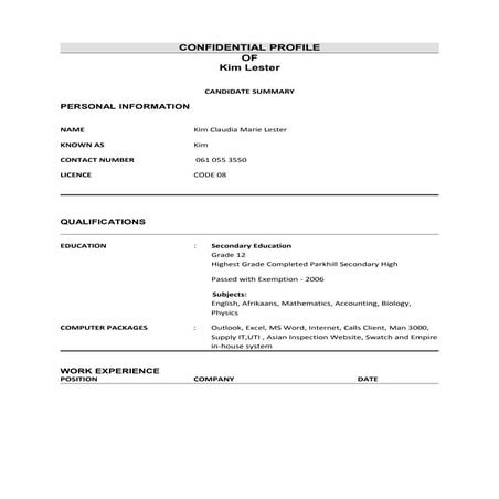 CONFIDENTIAL PROFILE - KIM LESTER | PDF