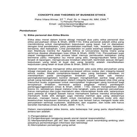 Teori dan Konsep dasar mengenai Etika Bisnis ( 1, be & gg, petra vitara wimar. hapzi ali, ethics ...