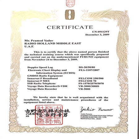 Tokimec TG5000, TG6000, TG 8000 training certificates | PDF