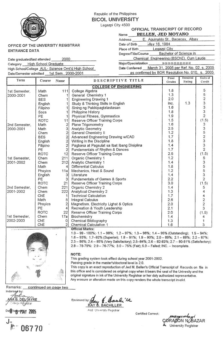 Bicol University Transcript of Records
