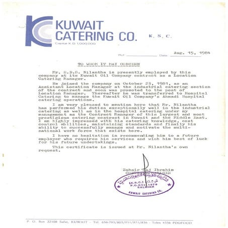 KCC Kuwait Emp Ref of Nilantha S | PDF