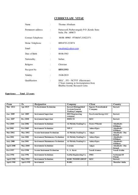 Instrument Supervisor CV | DOC | Civil Engineering Industry | Industries