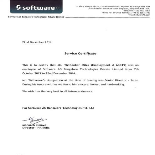 Service certificate and Reference letter of Tirthankar Mitra | PDF